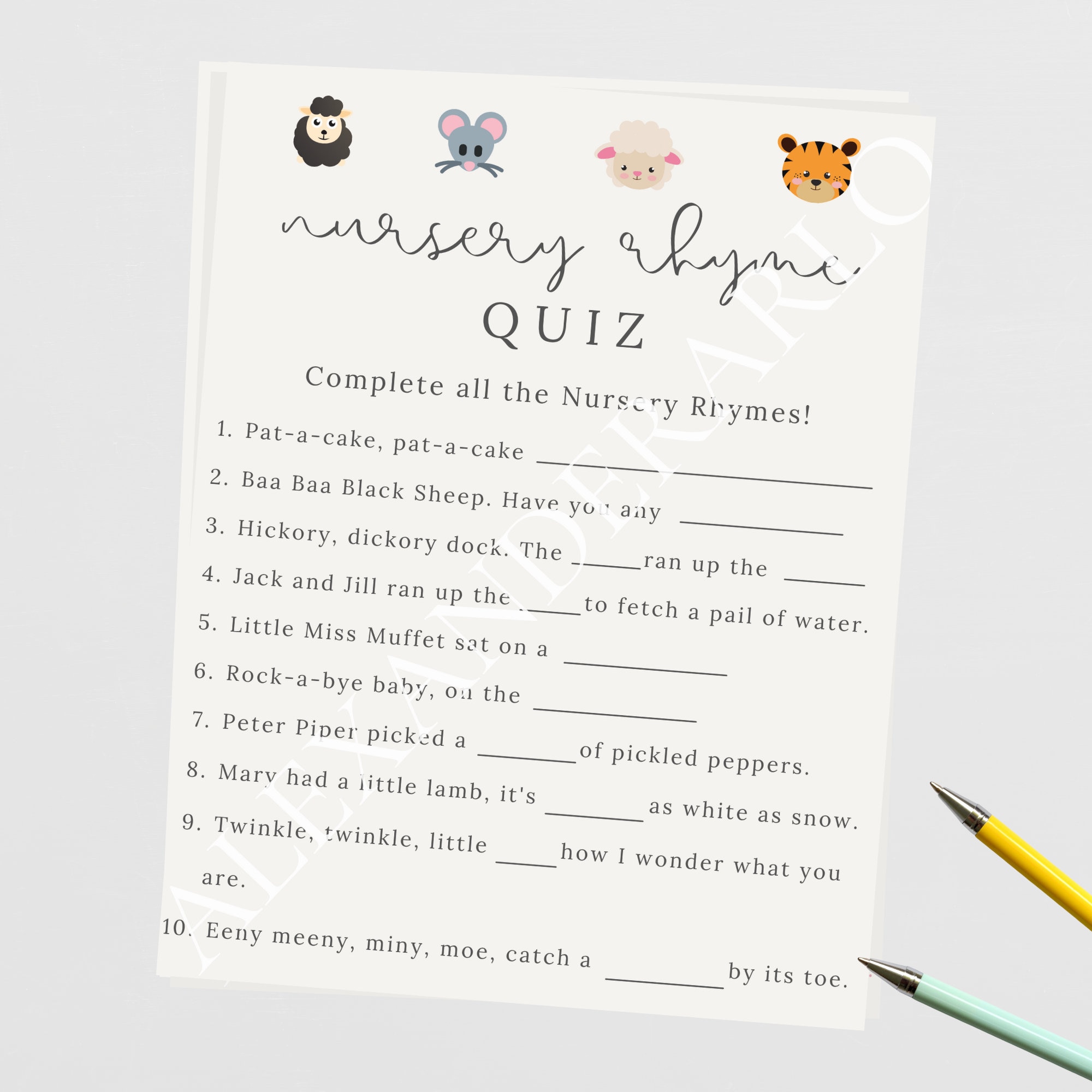 Brown Nursery Rhyme Quiz with Animals // Téléchargement numérique ...