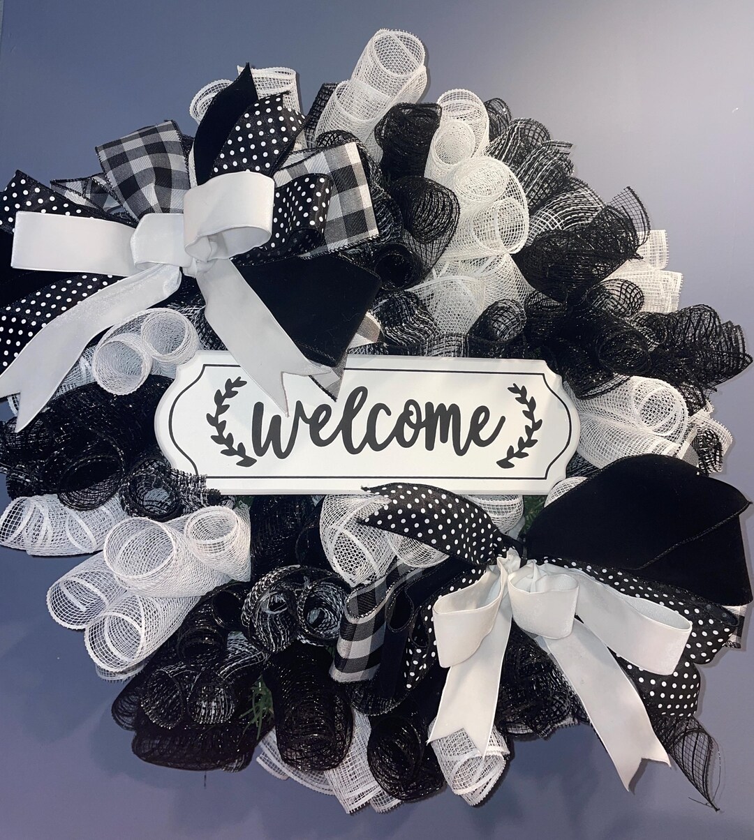 Black and White Buffalo Plaid Welcome Wreath Made on an Evergreen Base ...