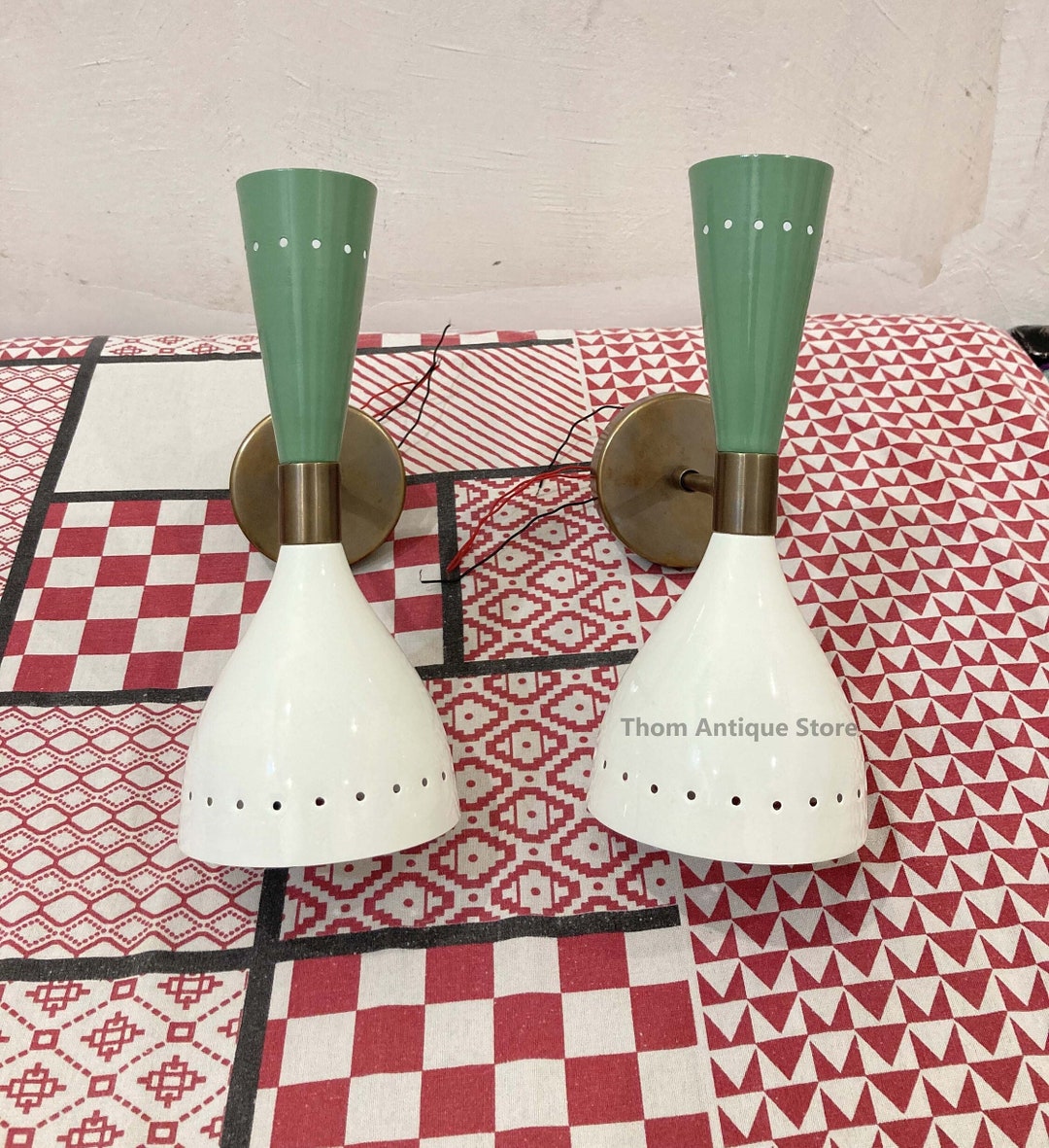 1950's Mid Century Brass Italian Diabolo Wall Sconce Green & White ...