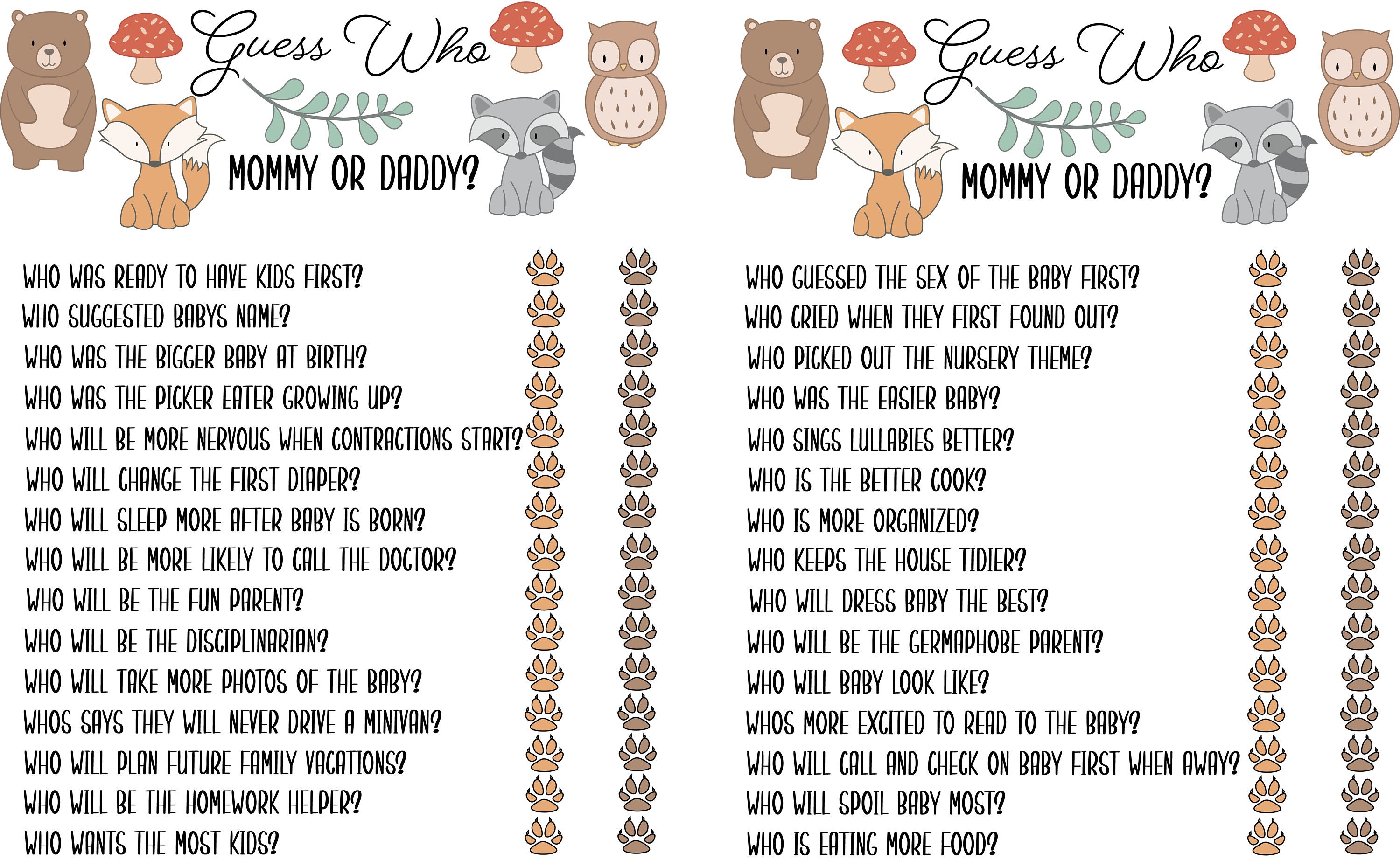 Woodland Animal Baby Shower Game Pack - Etsy