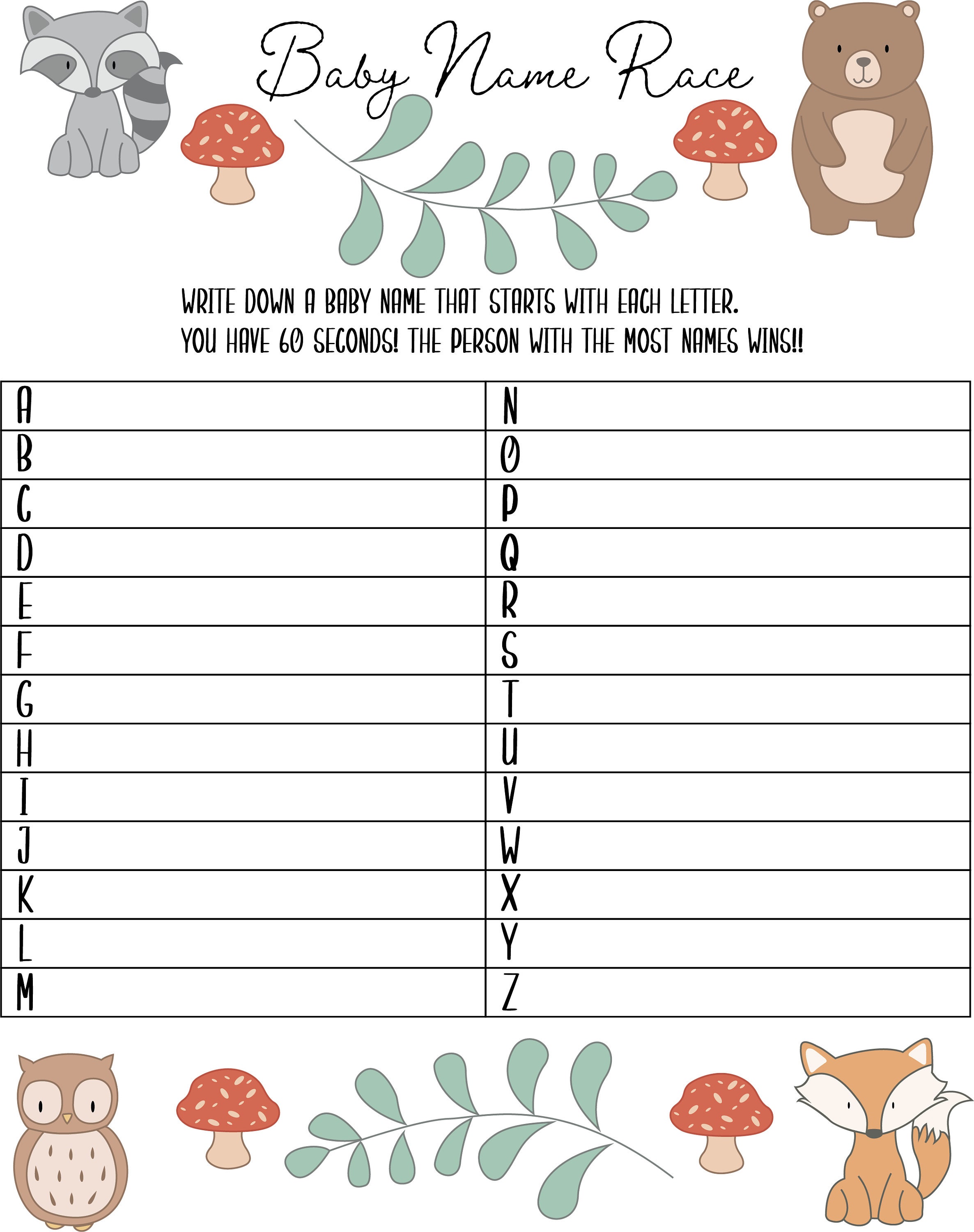 Woodland Animal Baby Shower Game Pack - Etsy