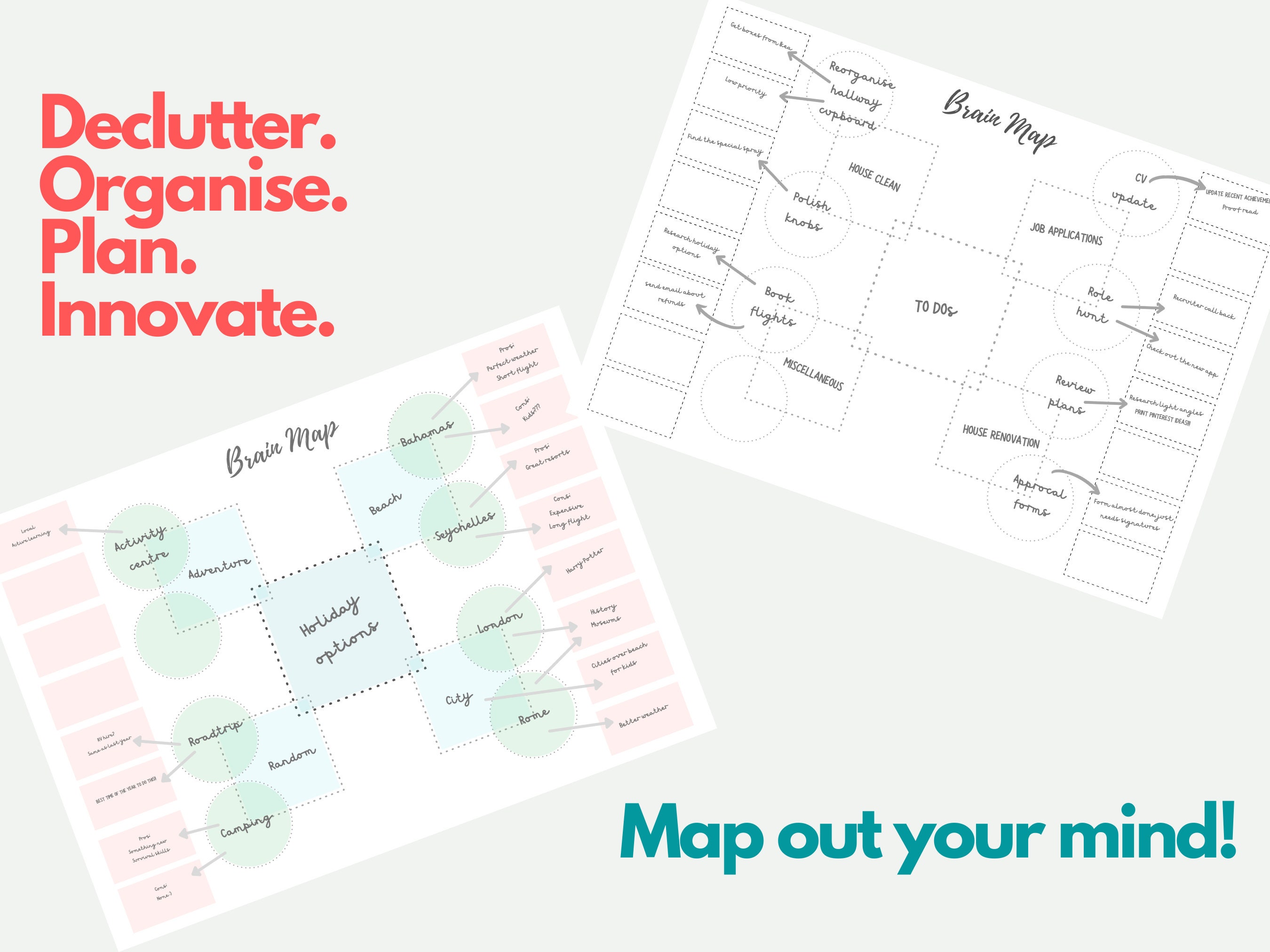 PRINTABLE PLANNER MAP A4 Brain/ Mind Map Printable Pastel or Black and ...