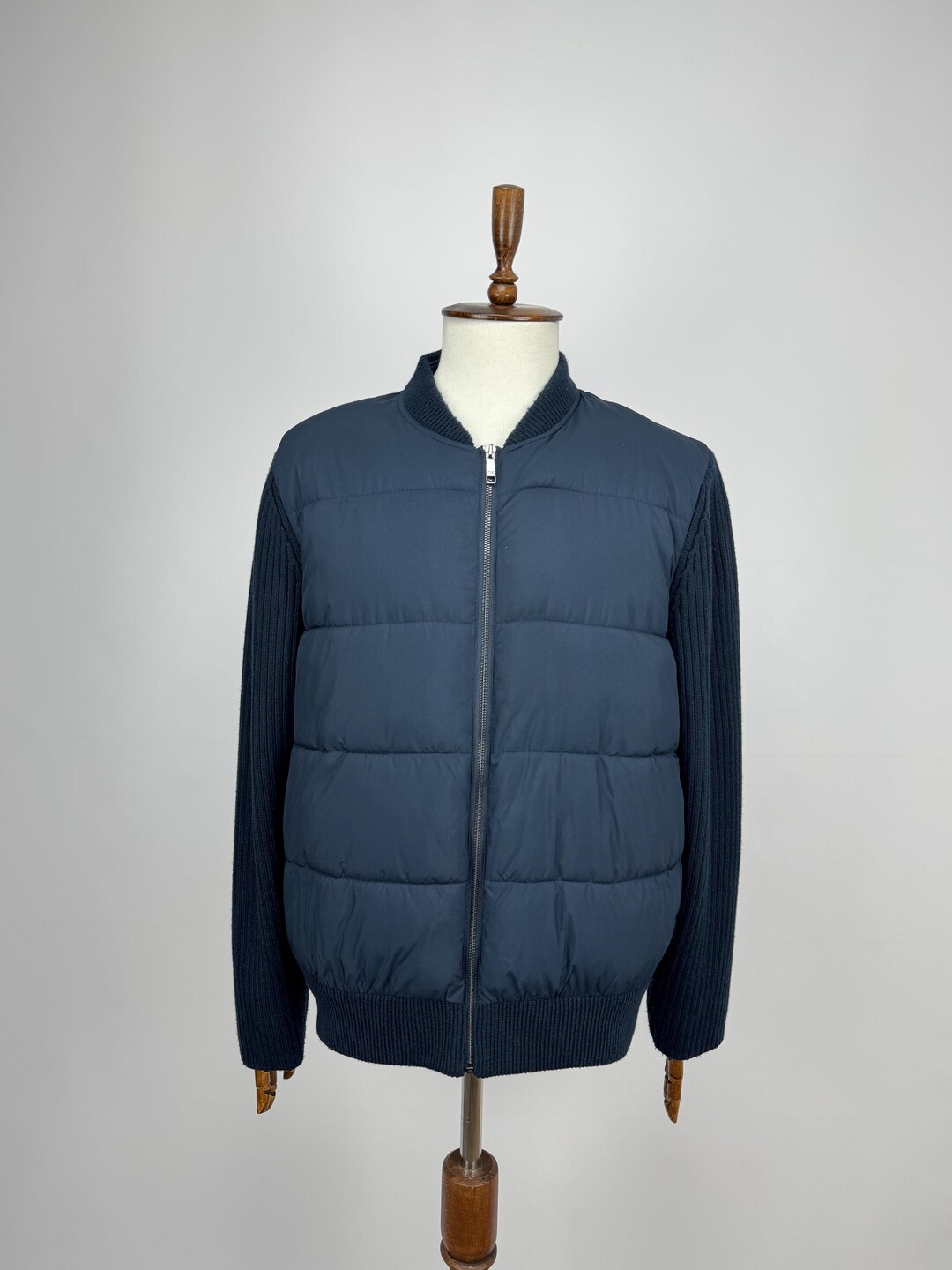 Ted Baker London Quilted Down Bomber Jacket Navy Blue Knit Sleeves Size ...