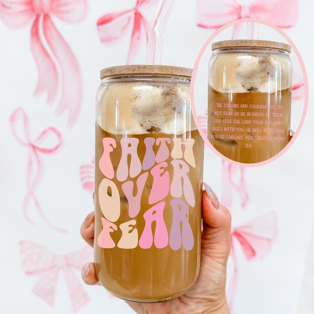 Faith Over Fear Glass Tumbler With Lid, Jesus is King 16oz Cup, Preppy ...