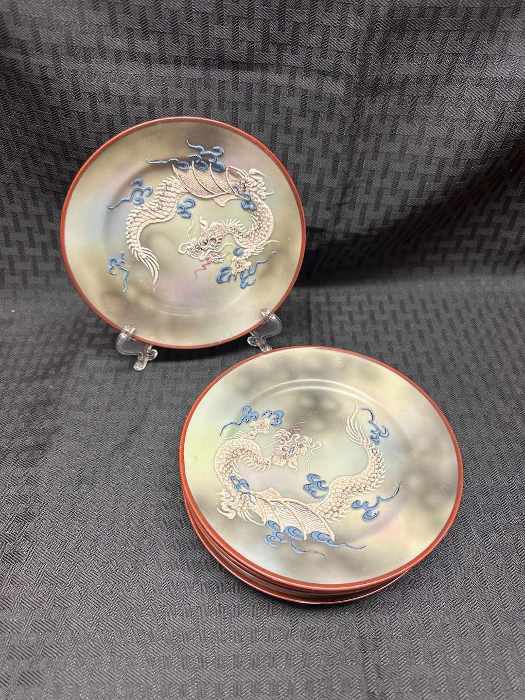 Dragonware Moriage Plates Raised Hand Painted 6 Set of 5 Vintage Japan ...