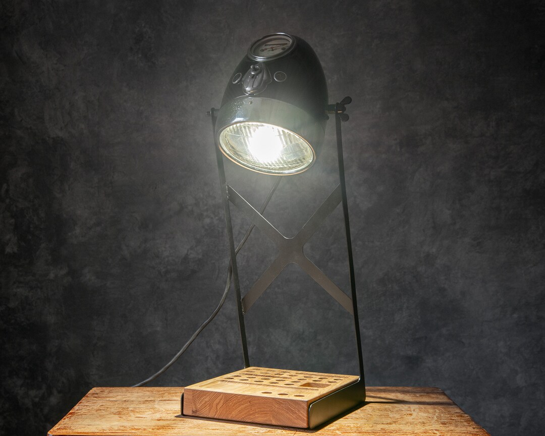 Table Lamp With Genuine Motorcycle Headlight on Metal Base and Wooden ...