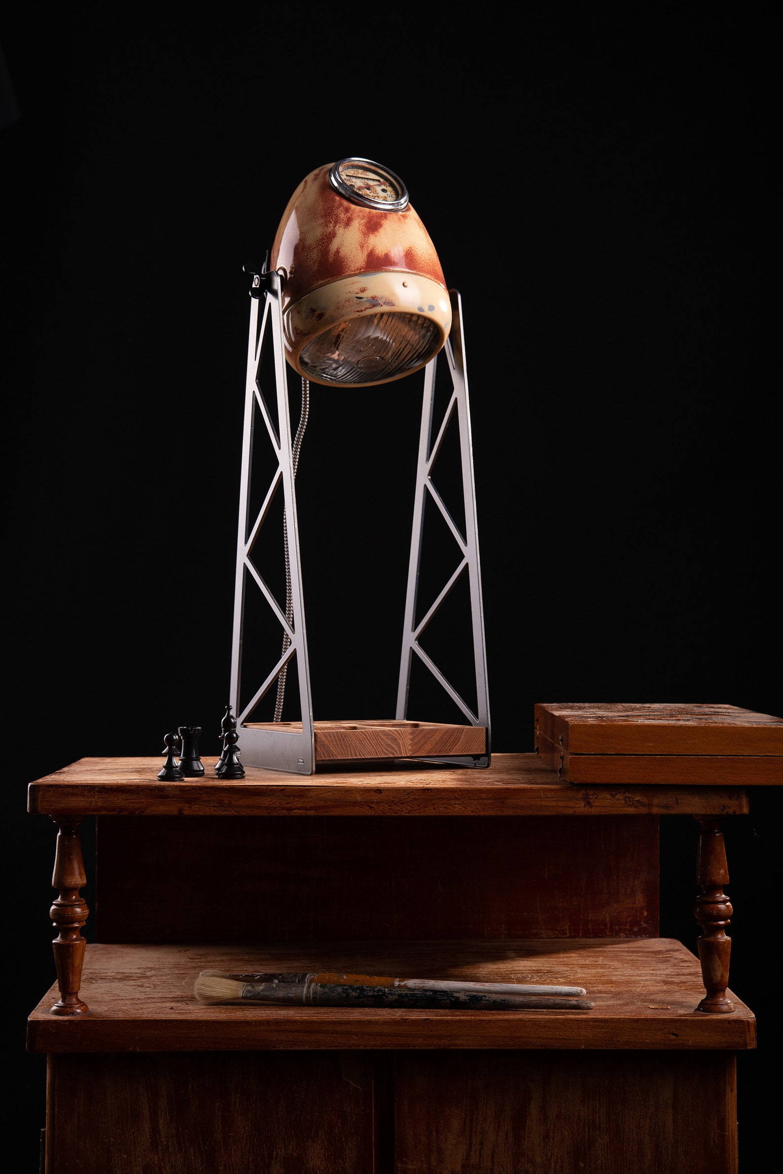 Retro Lamp With an Original Motorcycle Headlight on a Metal Base and a ...