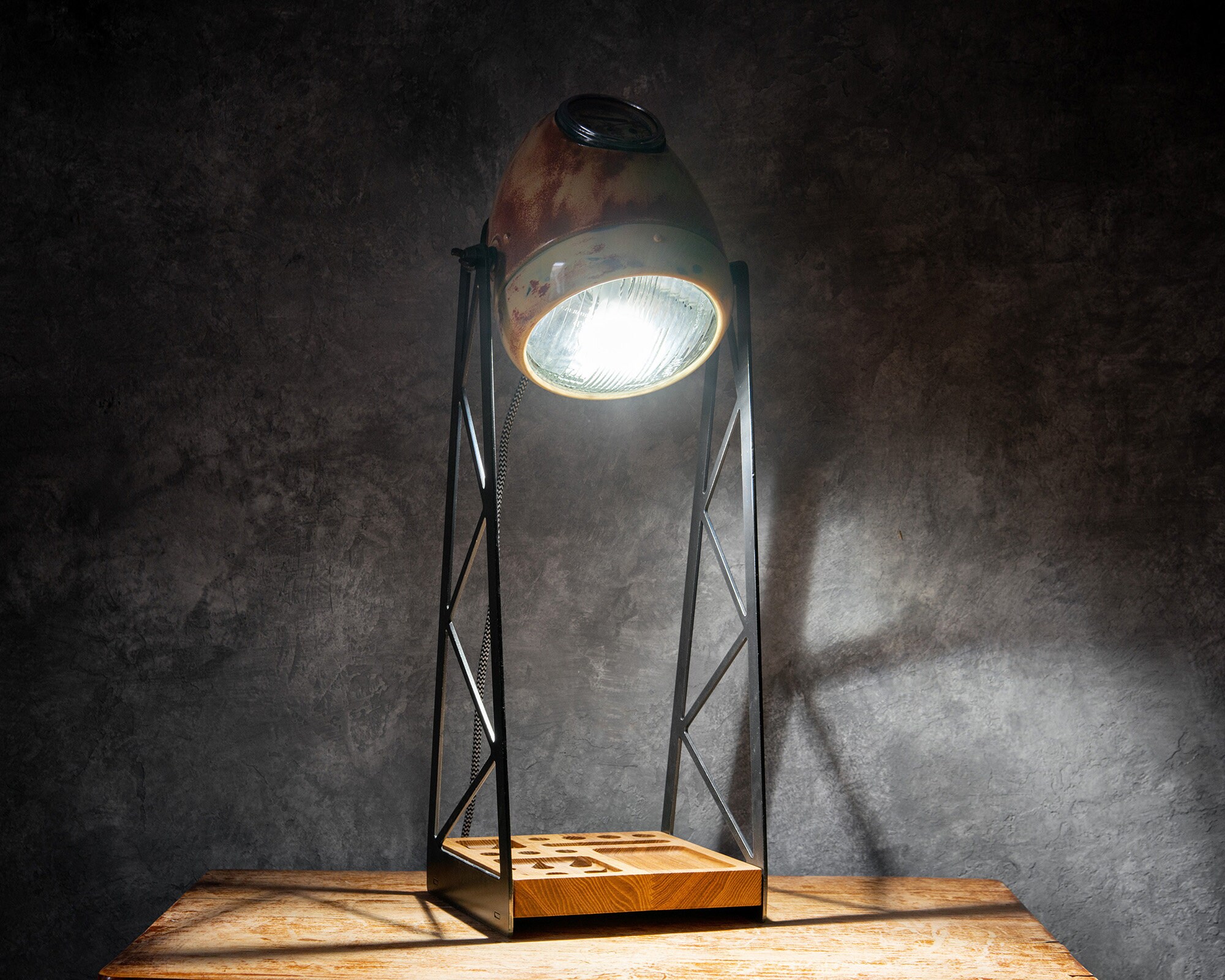 Retro Lamp With an Original Motorcycle Headlight on a Metal Base and a ...