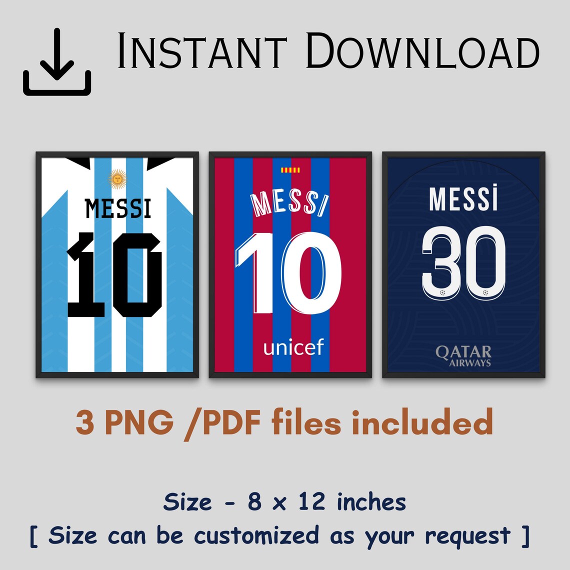 Set of 3 Printable Lionel Messi Jersey Wallart Bundle , Sport Bundle ...