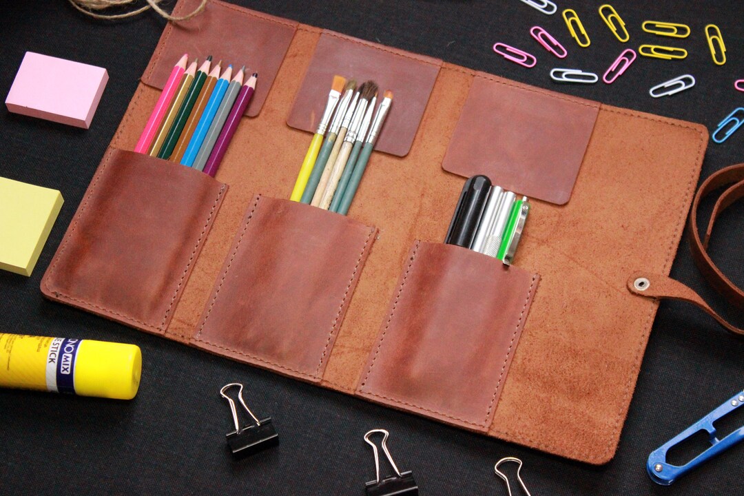 Leather Paint Brush Roll up Pouch - Artist Tool Holder Case, Perfect ...