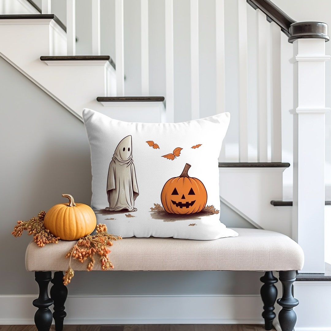Spooky Ghost and Pumpkin Pillow, Cute Halloween Decor, Fall Leaves ...