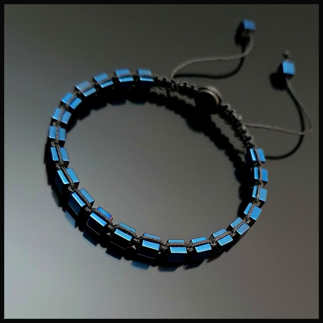 Blue Hematite Macrame Bracelet, Cube Bead Hematite Gemstone Wristlet ...