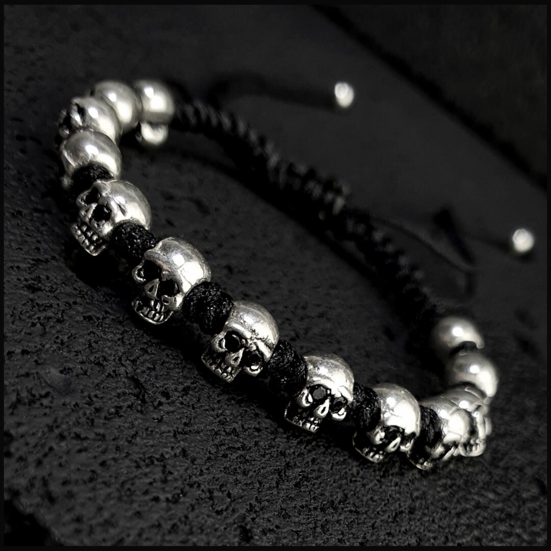 Solid Silver Skull Macrame Bracelet Masculine Bracelet for - Etsy