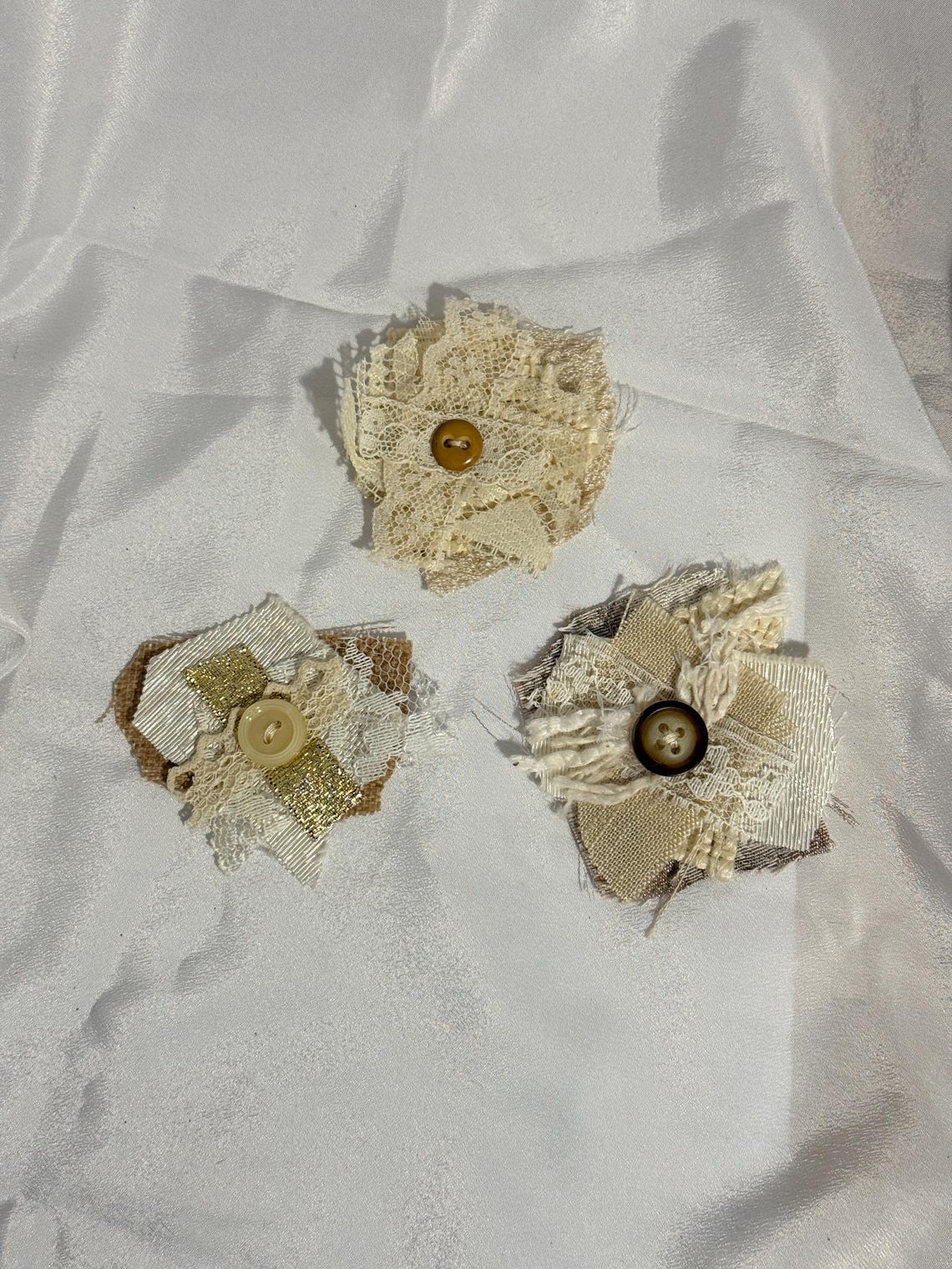 Hand Stitched Lace Cluster Embellishment: Beige Fabric Button Collage ...