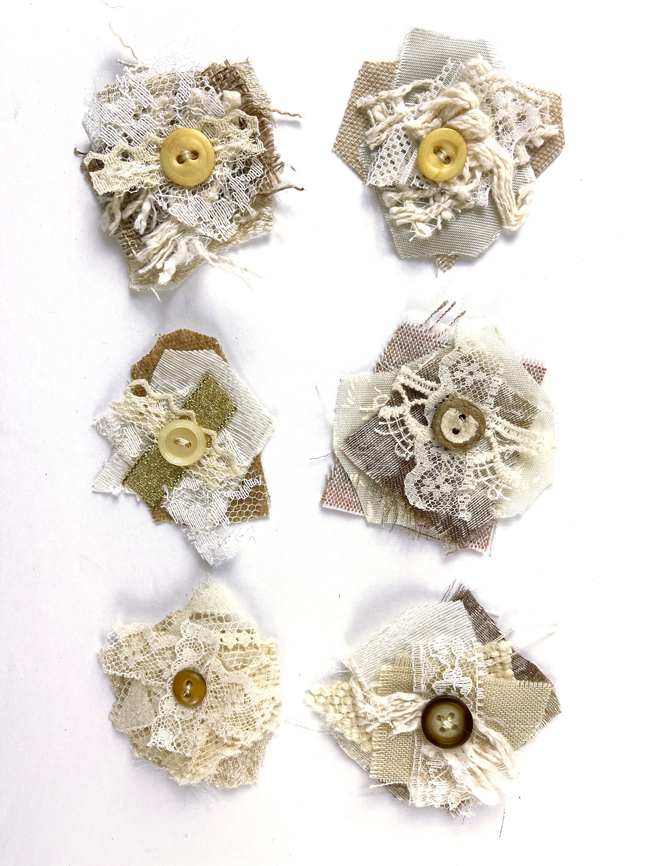 Hand Stitched Lace Cluster Embellishment: Beige Fabric Button Collage ...