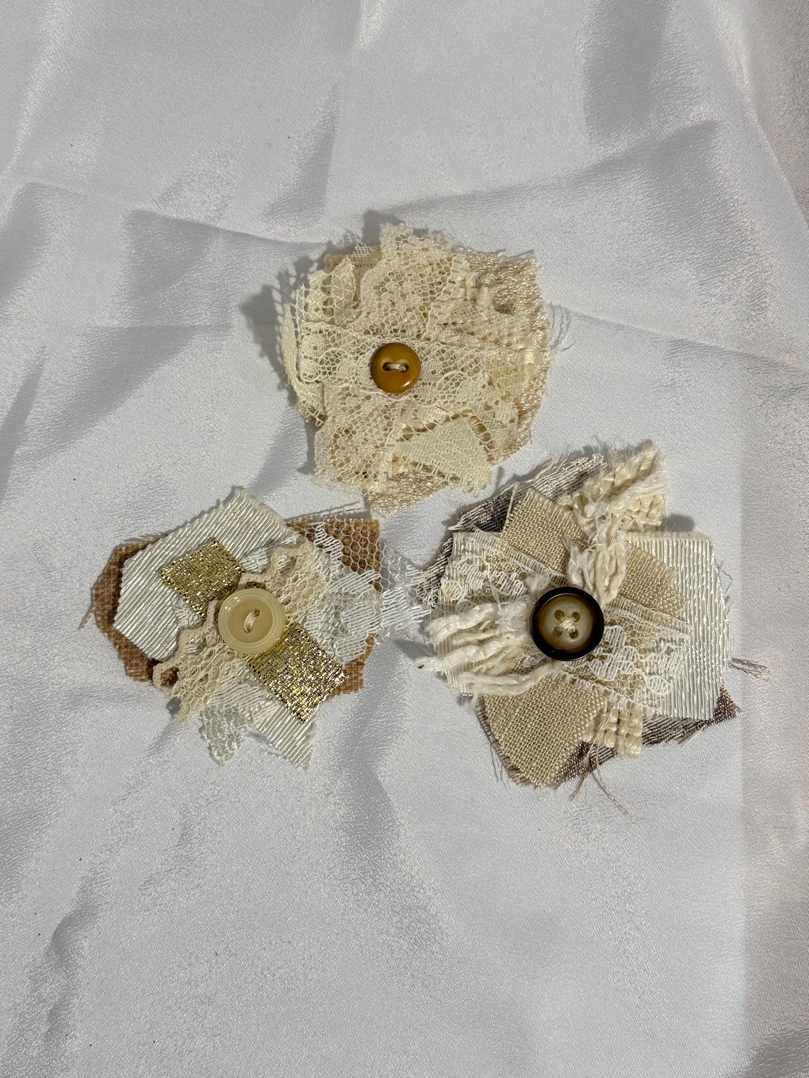 Hand Stitched Lace Cluster Embellishment: Beige Fabric Button Collage ...