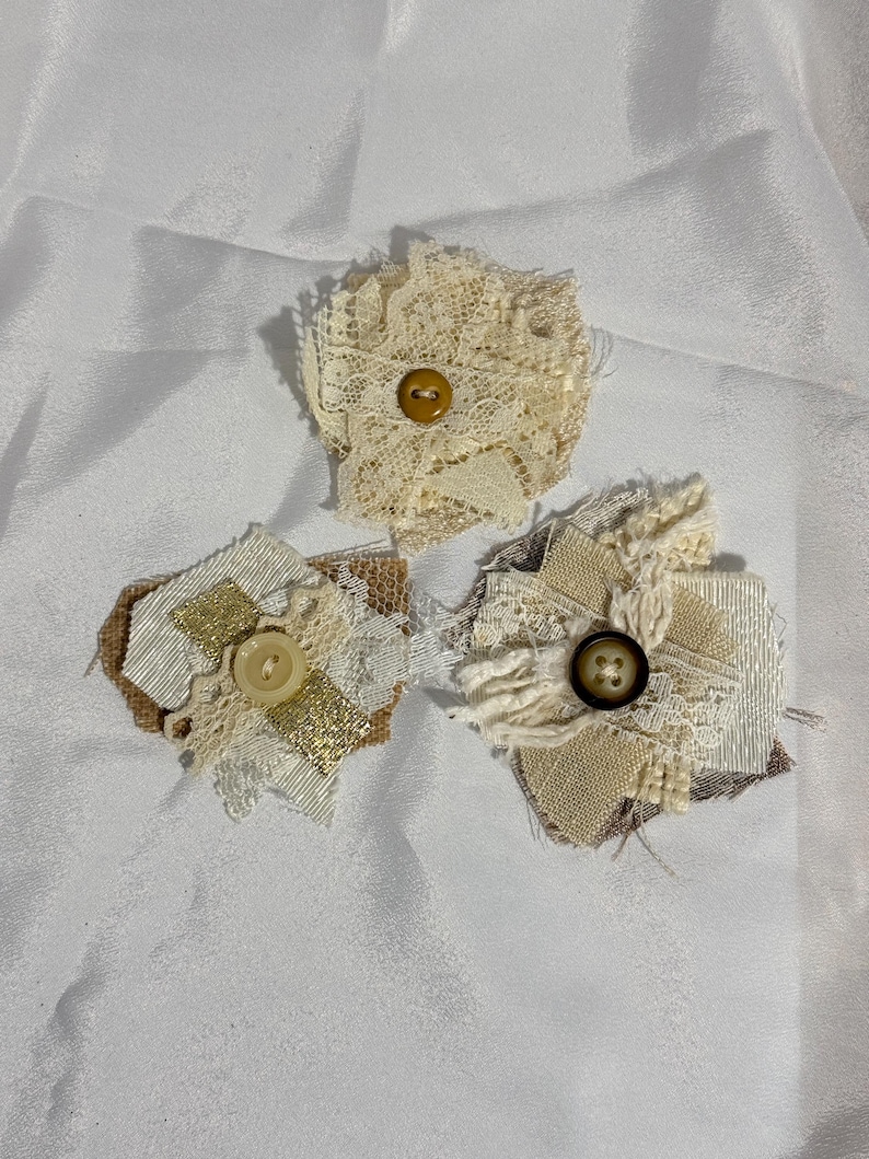 Hand Stitched Lace Cluster Embellishment: Beige Fabric Button Collage ...