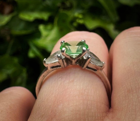Uranium Glass Three Stone Engagement Ring - Gem