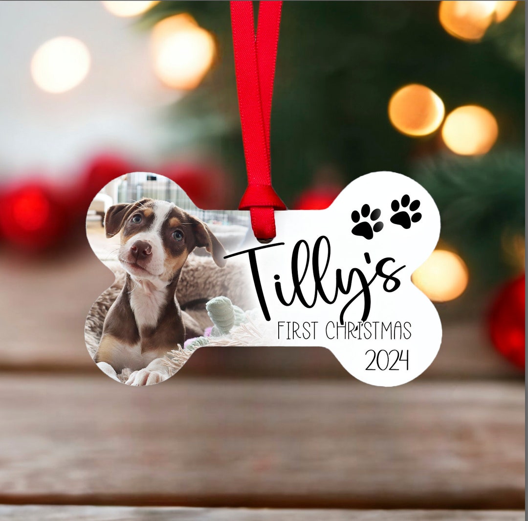 Puppy First Christmas Ornament, Bone Shaped Photo Ornament Personalized ...