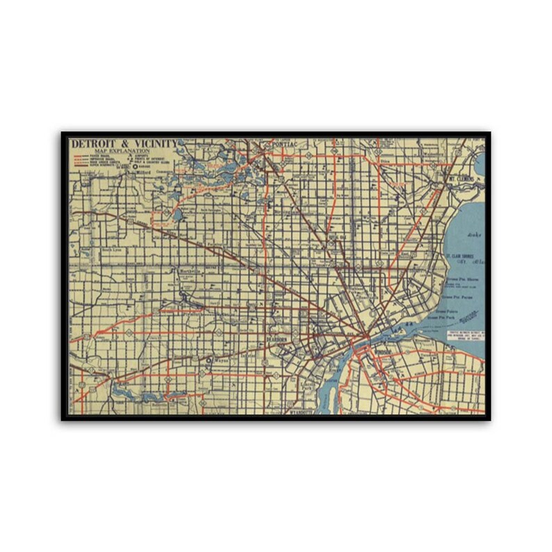 Vintage Detroit Map Wall Print - Etsy