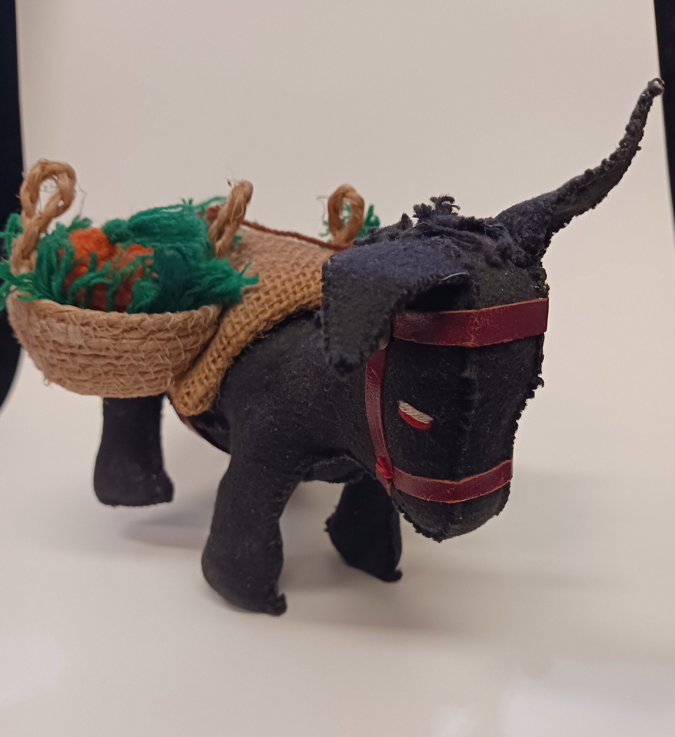 Black Plush 6 Donkey With Fabric Fruit Bundles in Burlap Baskets on His ...