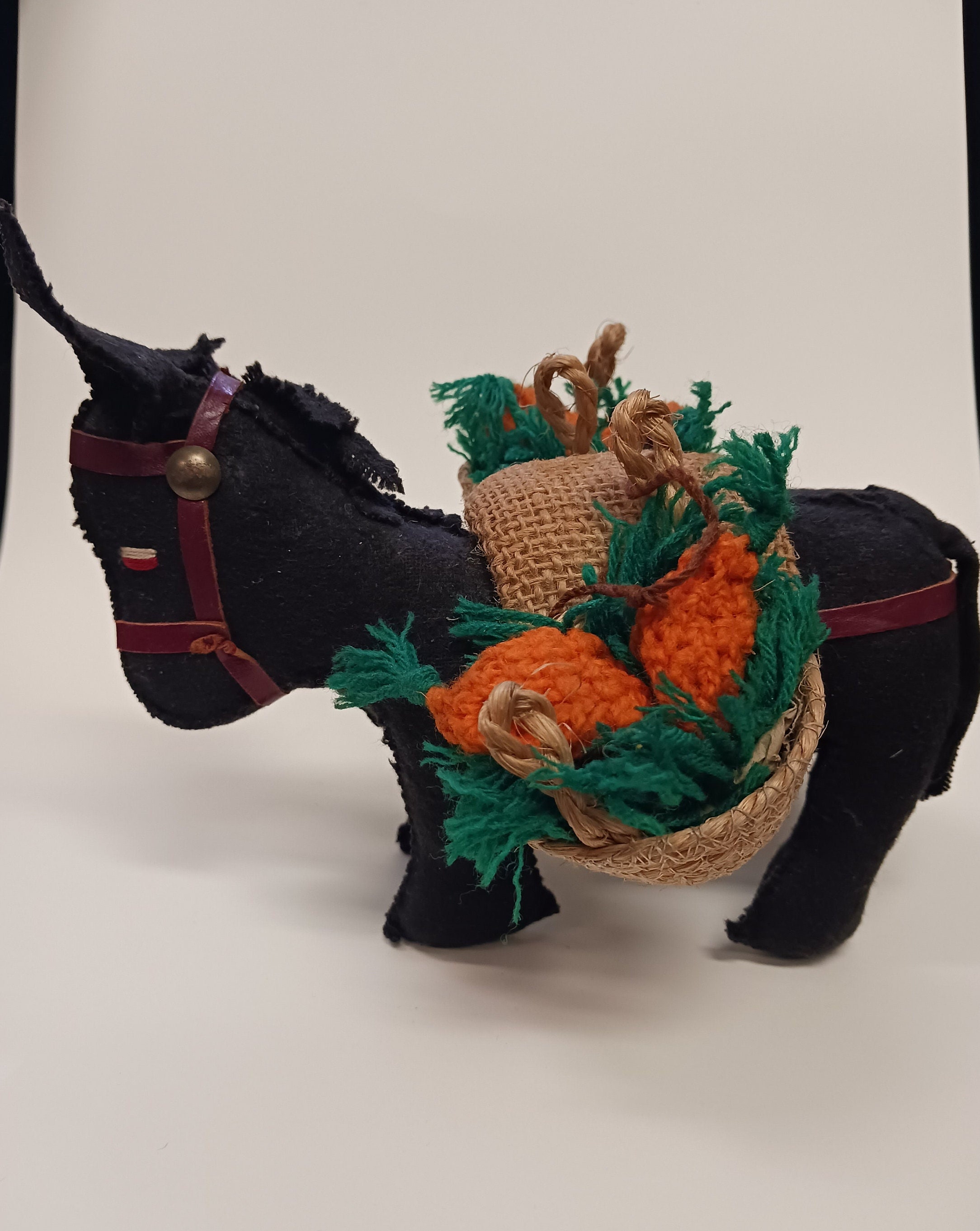 Black Plush 6 Donkey With Fabric Fruit Bundles in Burlap Baskets on His ...