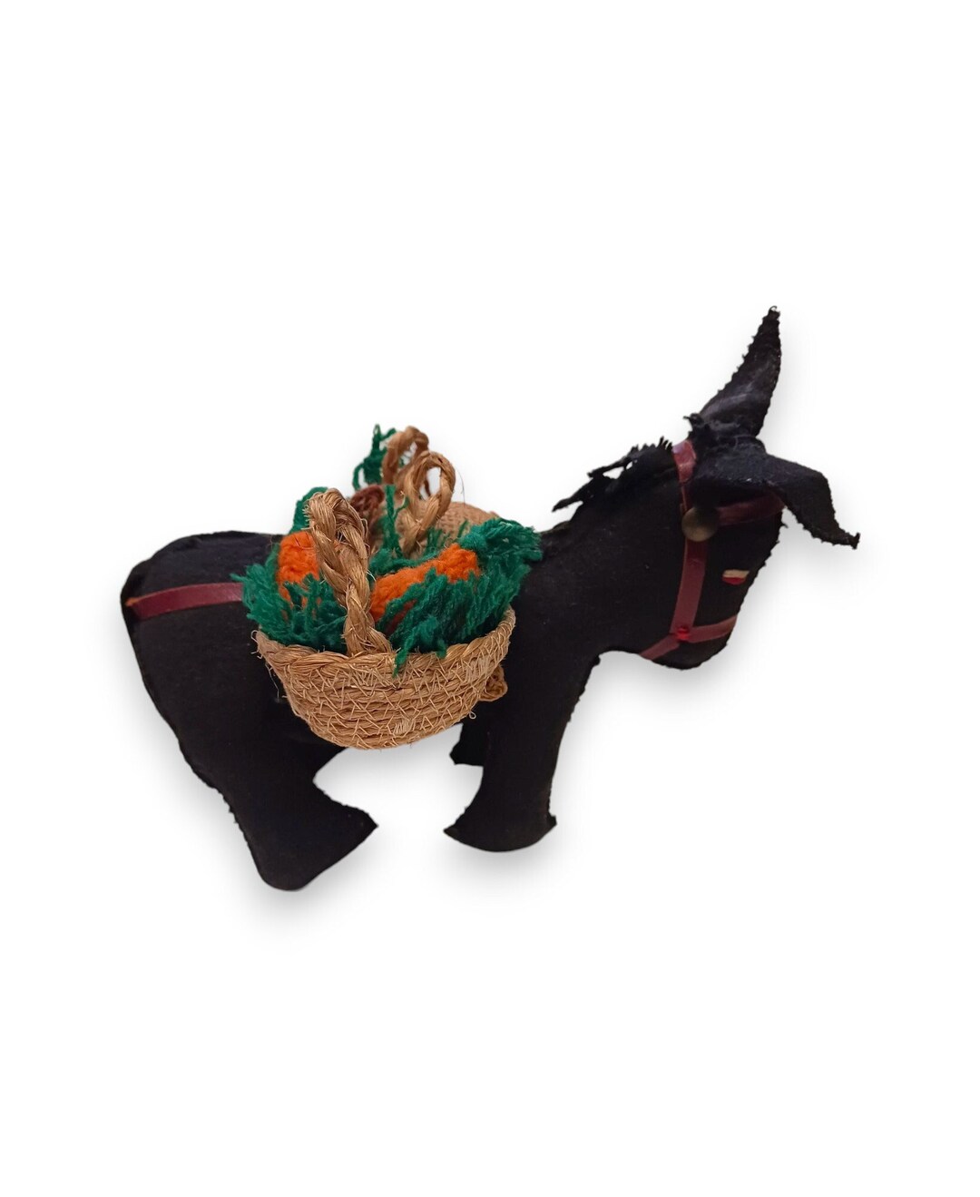 Black Plush 6 Donkey With Fabric Fruit Bundles in Burlap Baskets on His ...