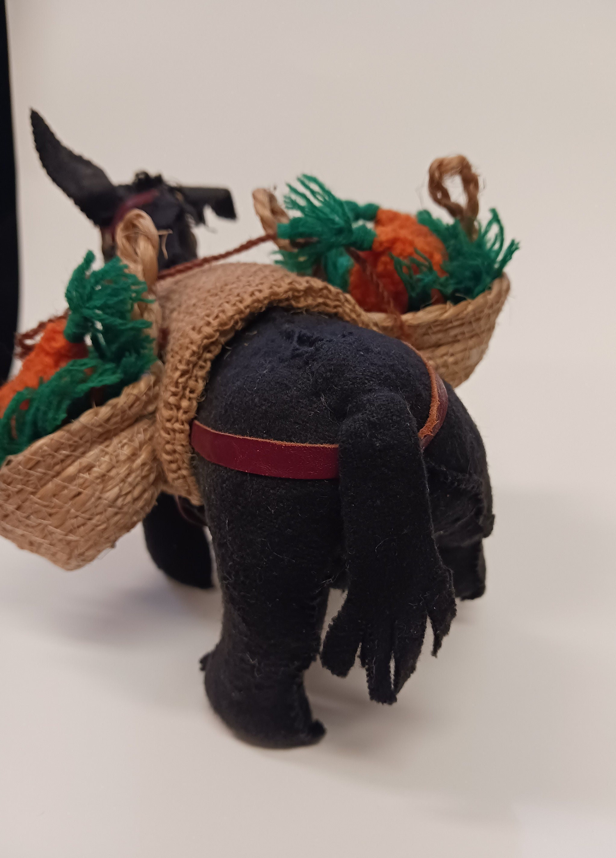 Black Plush 6 Donkey With Fabric Fruit Bundles in Burlap Baskets on His ...