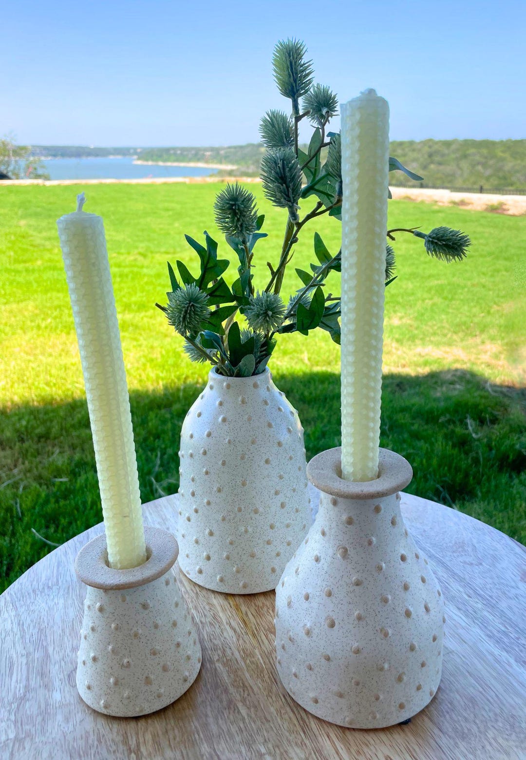 Vases Set of 3 Knobby Ceramic Bud Vases & Taper Holders Rustic Textured ...