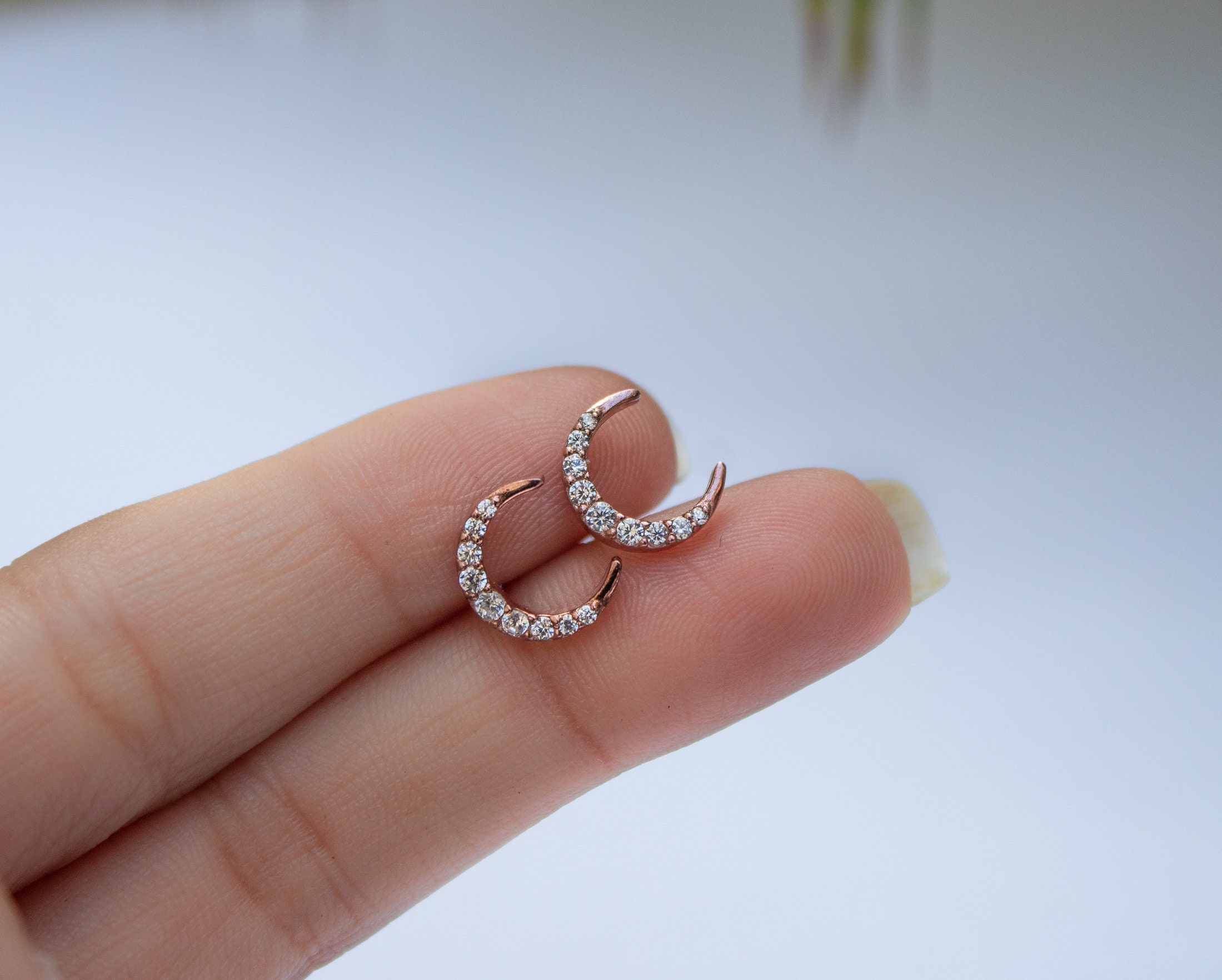 Moon Stud Earrings, Moon Stud, Zircon Stud Earrings, Crescent Moon ...