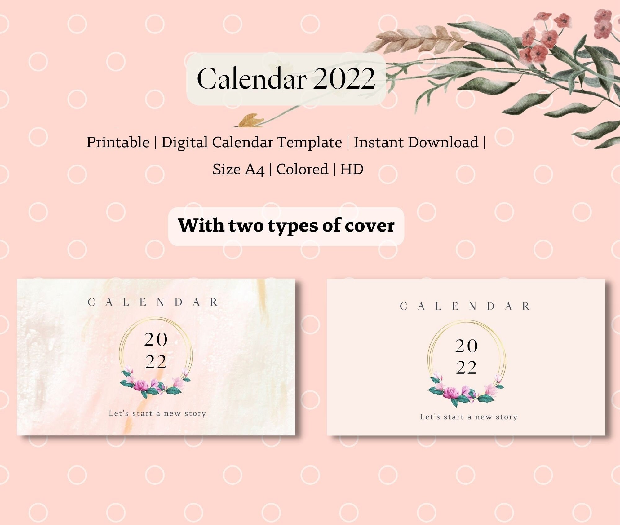 2022 Calendar Printable Digital Calendar Template Instant Download Size ...