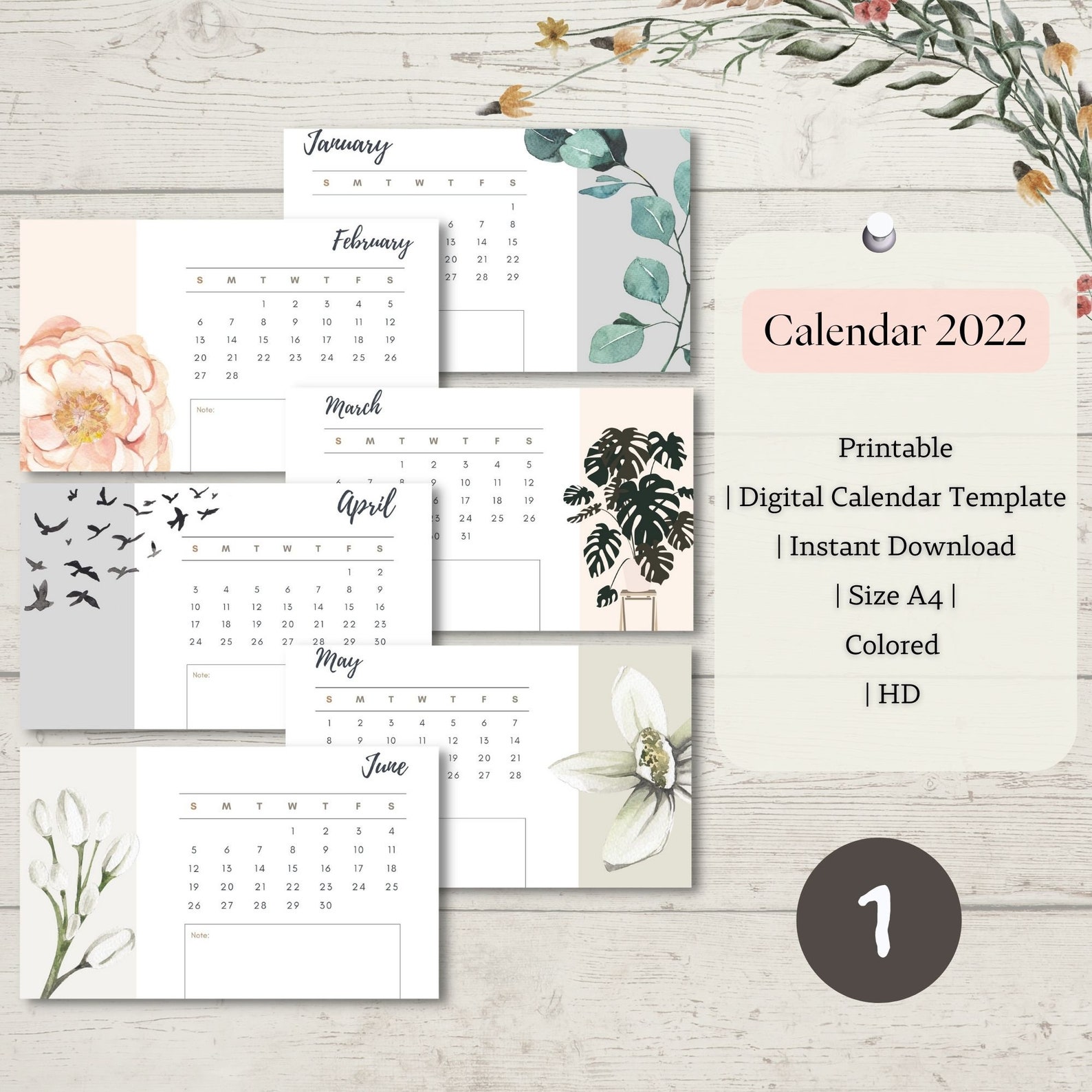 2022 Calendar Printable Digital Calendar Template Instant Download Size ...