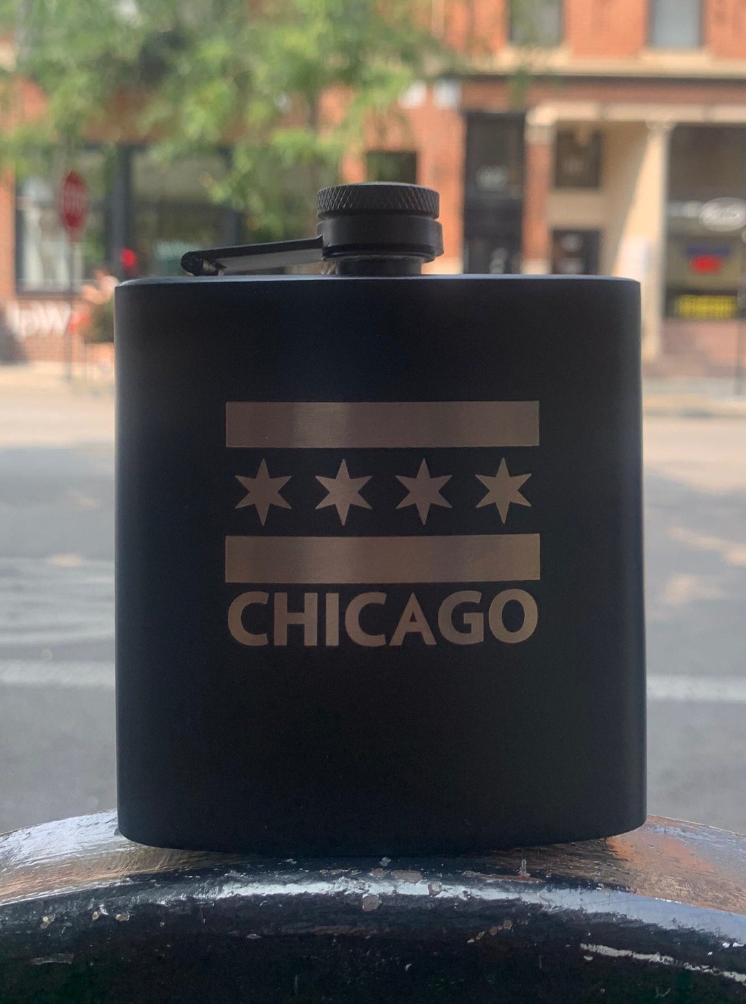 Custom Matte Black Flask Chicago Flag - Etsy