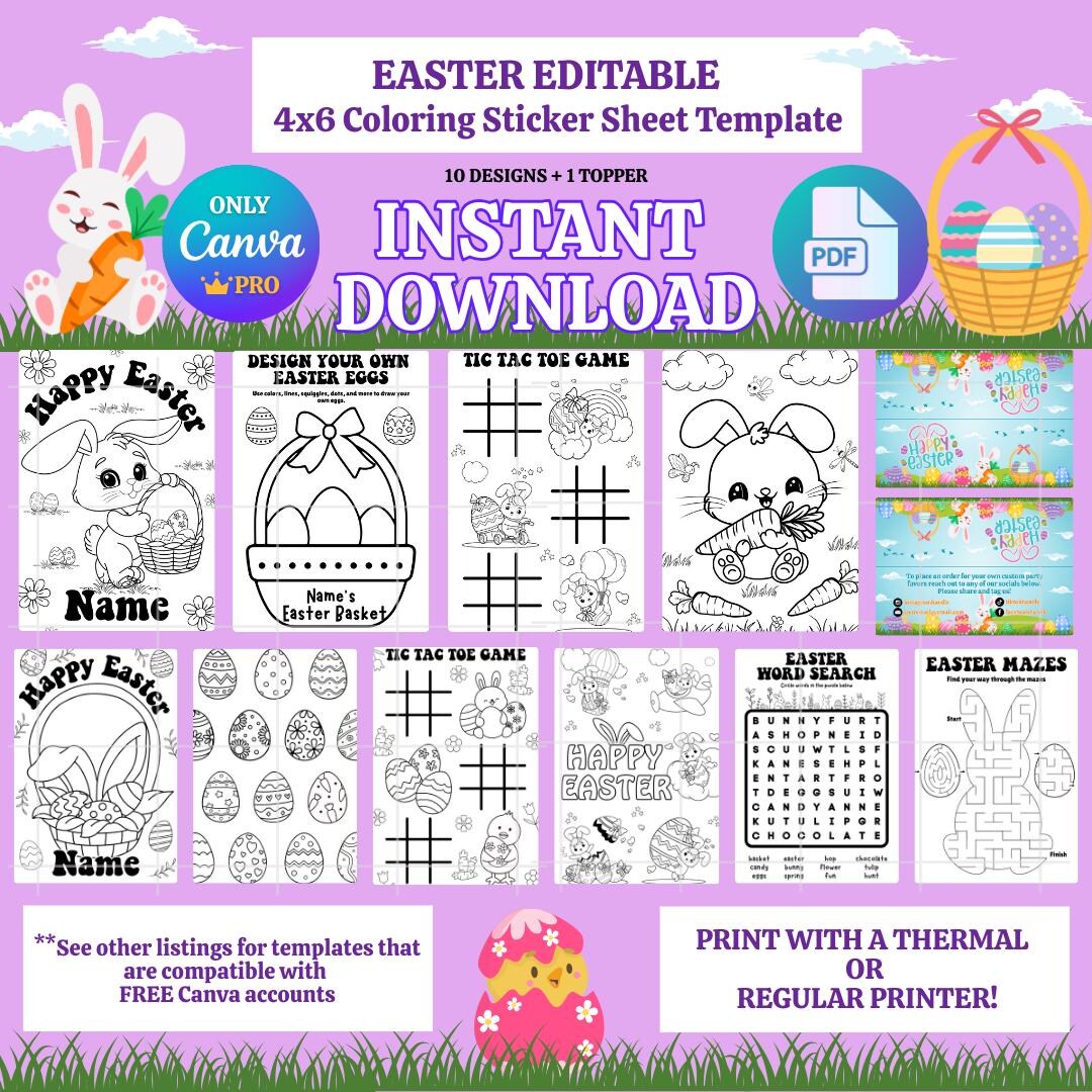 Canva PRO EASTER Coloring Sticker Sheet Pages, Kids, Classroom, Party ...