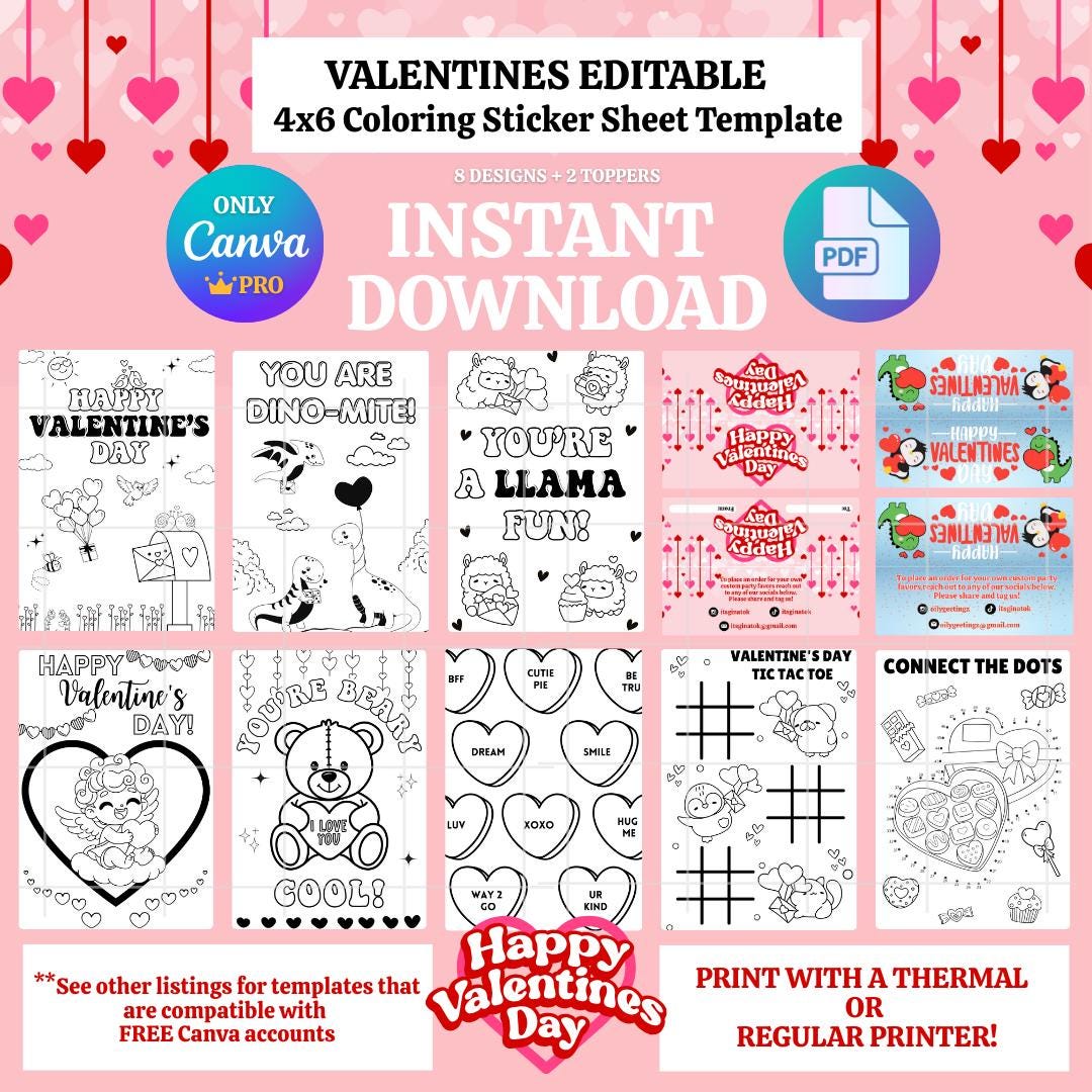 Canva PRO Valentine's Day Coloring Sticker Sheet Pages, Kids, Classroom ...
