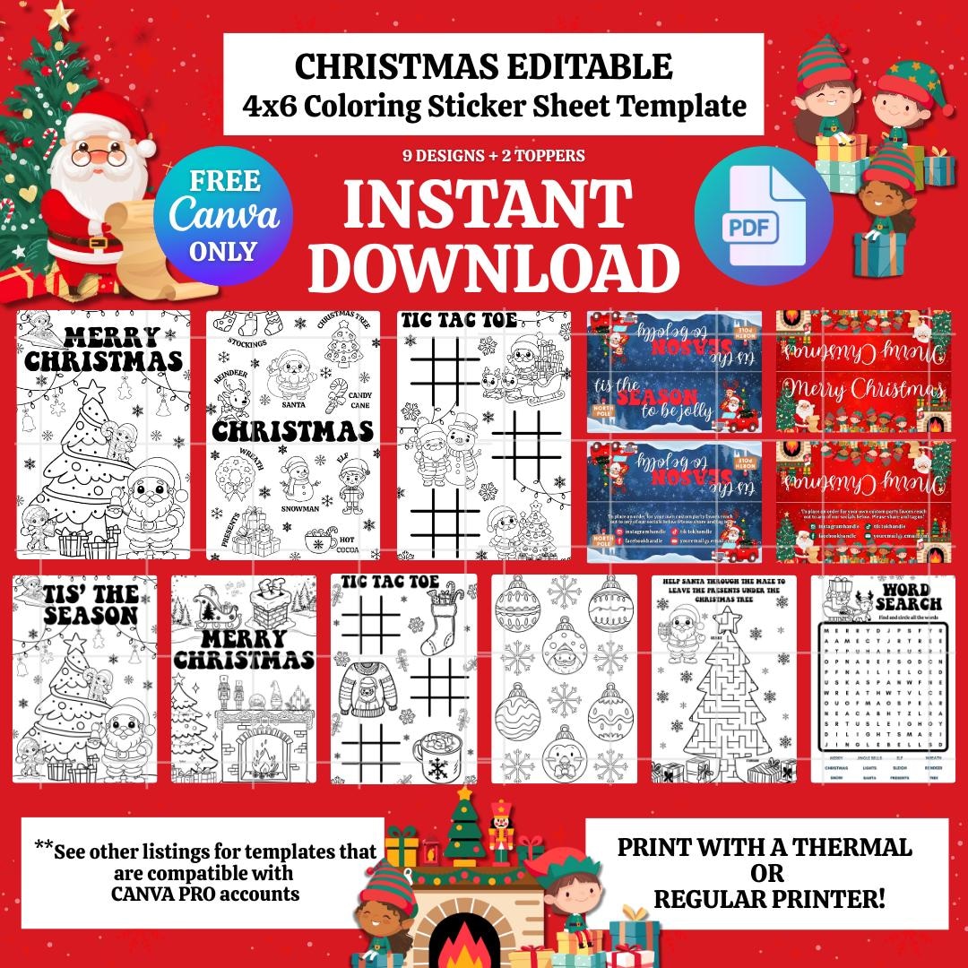 NON-CANVA PRO Christmas Coloring Sticker Sheet Pages, Kids, Classroom ...