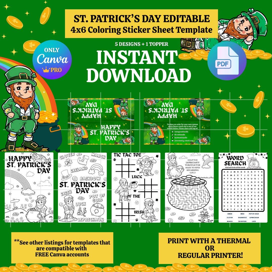 Canva PRO St. Patrick's Day Coloring Sticker Sheet Pages, Kids ...