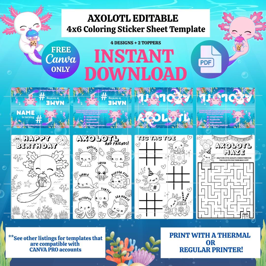 NON-CANVA PRO Axolotl Coloring Sticker Sheet Pages, Kids, Classroom ...