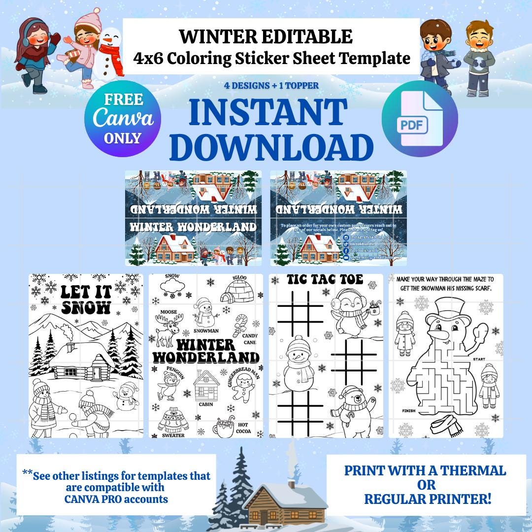 NON-CANVA PRO Winter Coloring Sticker Sheet Pages, Kids, Classroom ...