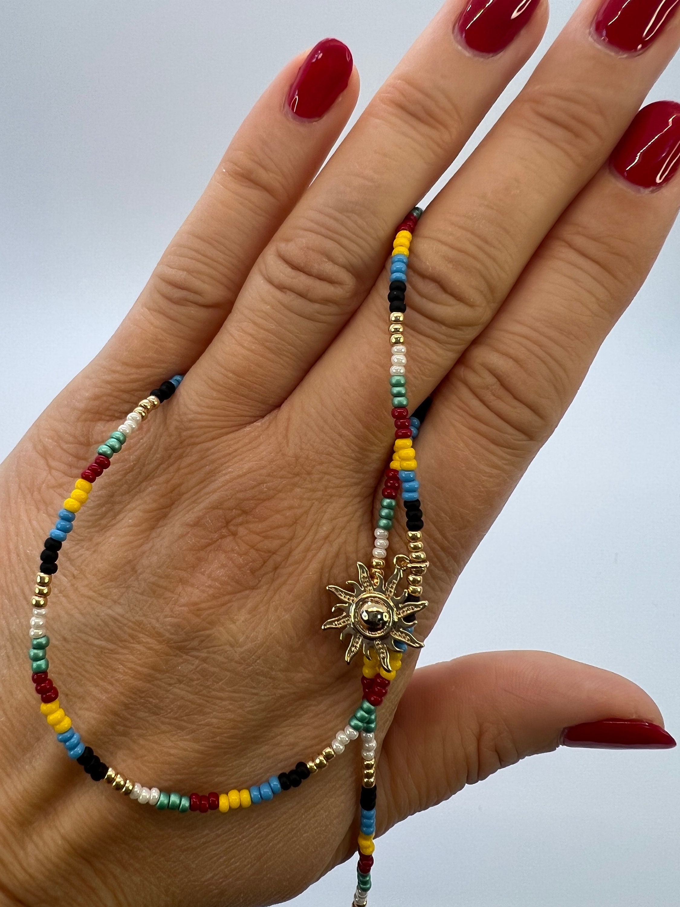 Seed Bead Necklace, Bright Beautiful Colours With Gold Sun Pendant. - Etsy