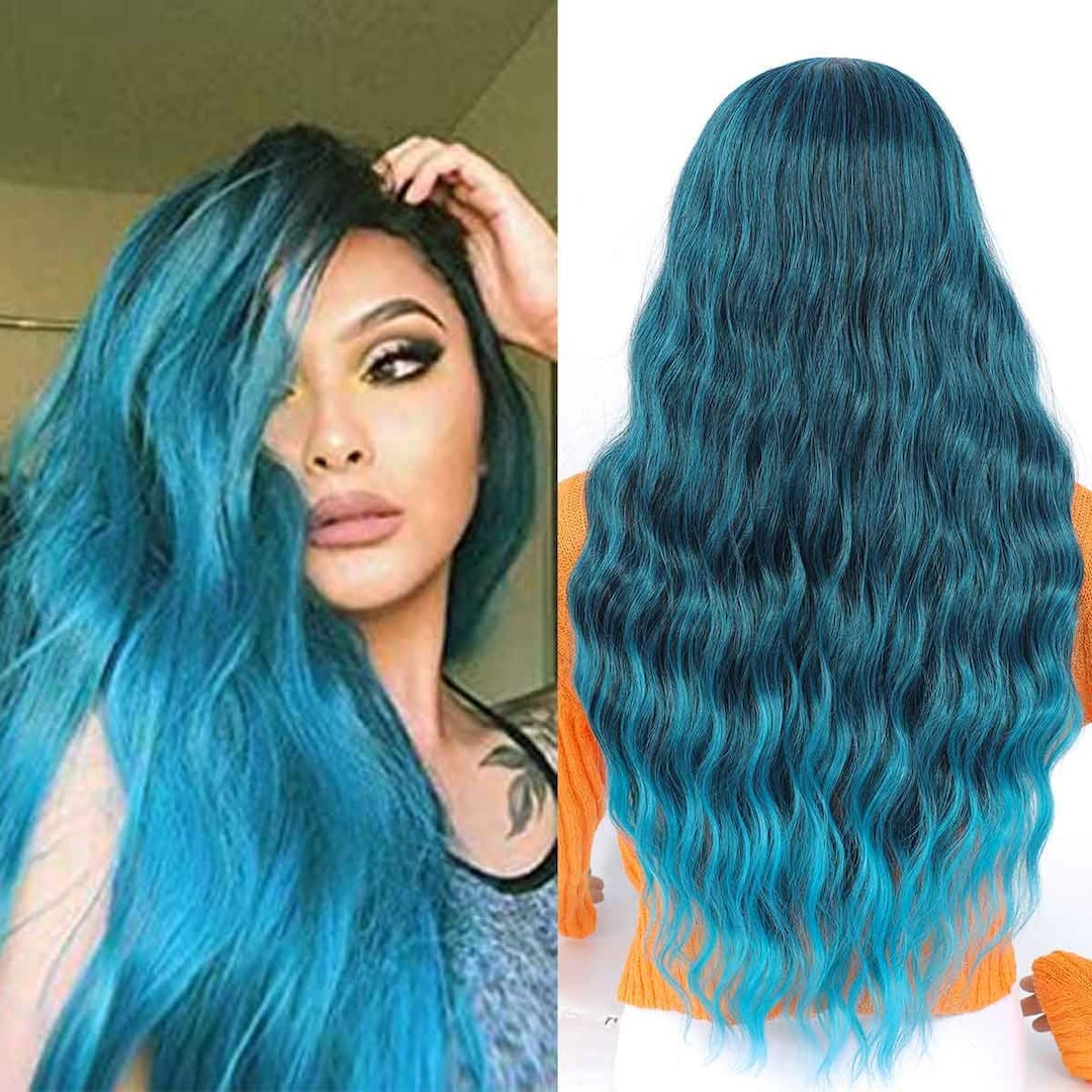 Blue and Black Colorful Ombre Daily Wear Wig 26 Trendy Synthetic Top ...