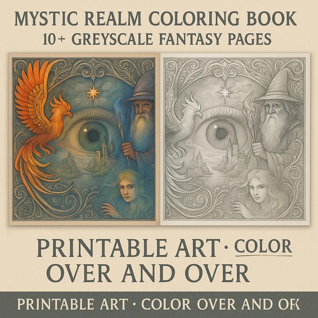 Fantasy Coloring Book: Mystic Realm Greyscale Art (printable PDF ...