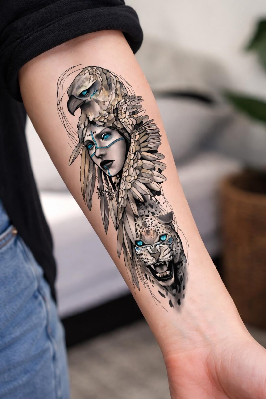 Sky Guardian Huntress Tattoo Sheet Hawk Woman Leopard Totem Tribal ...