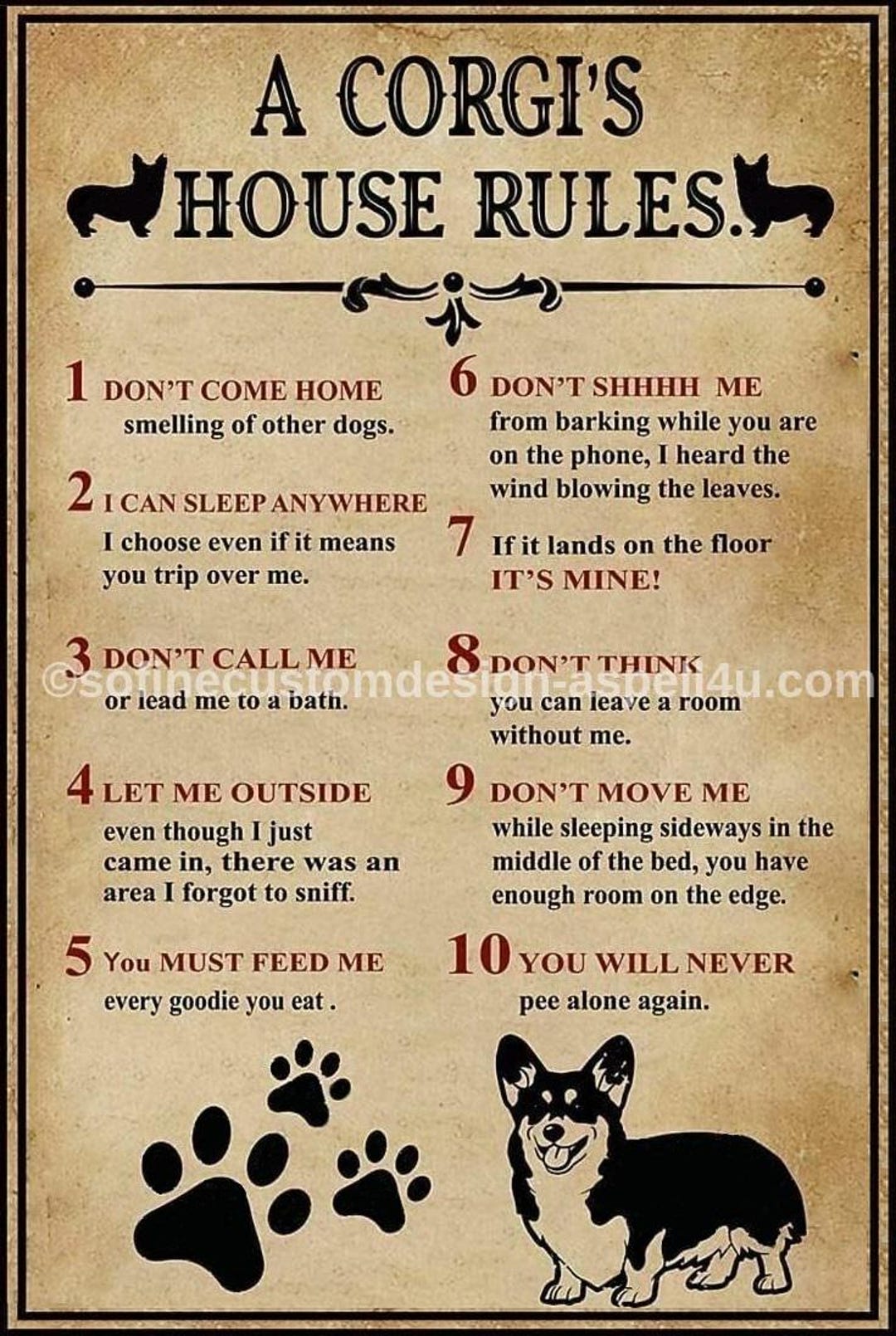 Corgi House Rules Dog Lover Art Custom Made to Order in America ...