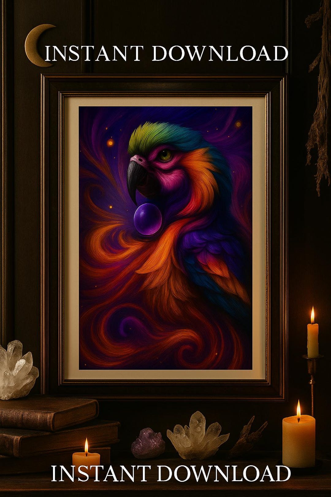 Rainbow Parrot Print: Psychedelic Crystal Orb Bird Art (PNG Download ...