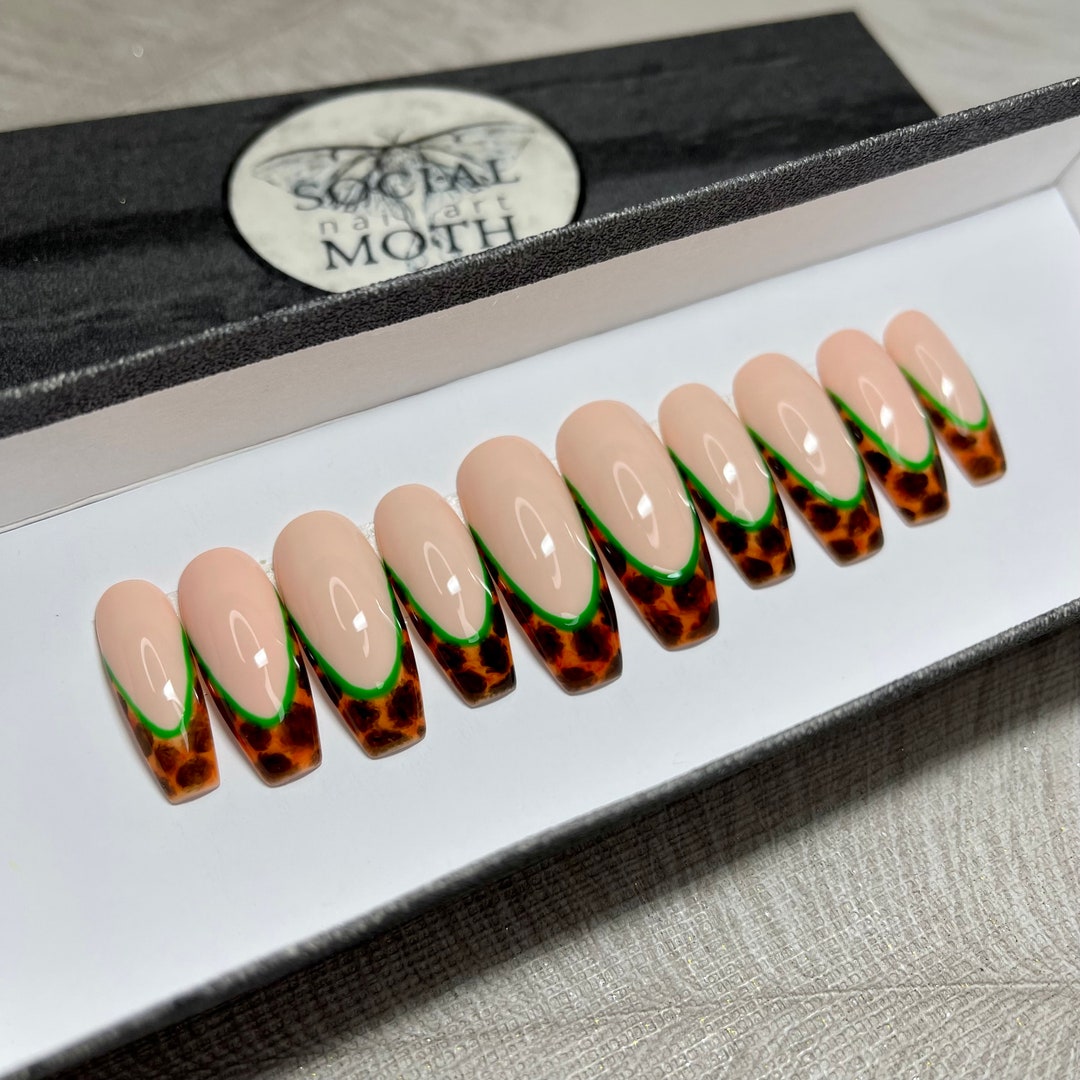 French Tip Tortoise Shell Press on Nails. Reusable Autumn Fake Nails ...