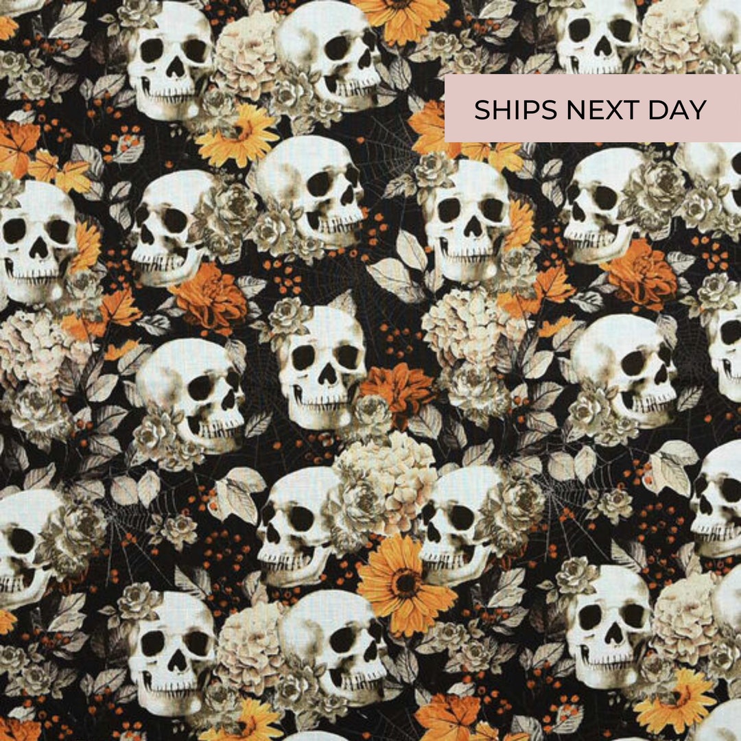 Skulls and Fall Floral Cotton Fabric / 100% Cotton / Fall Fabric ...