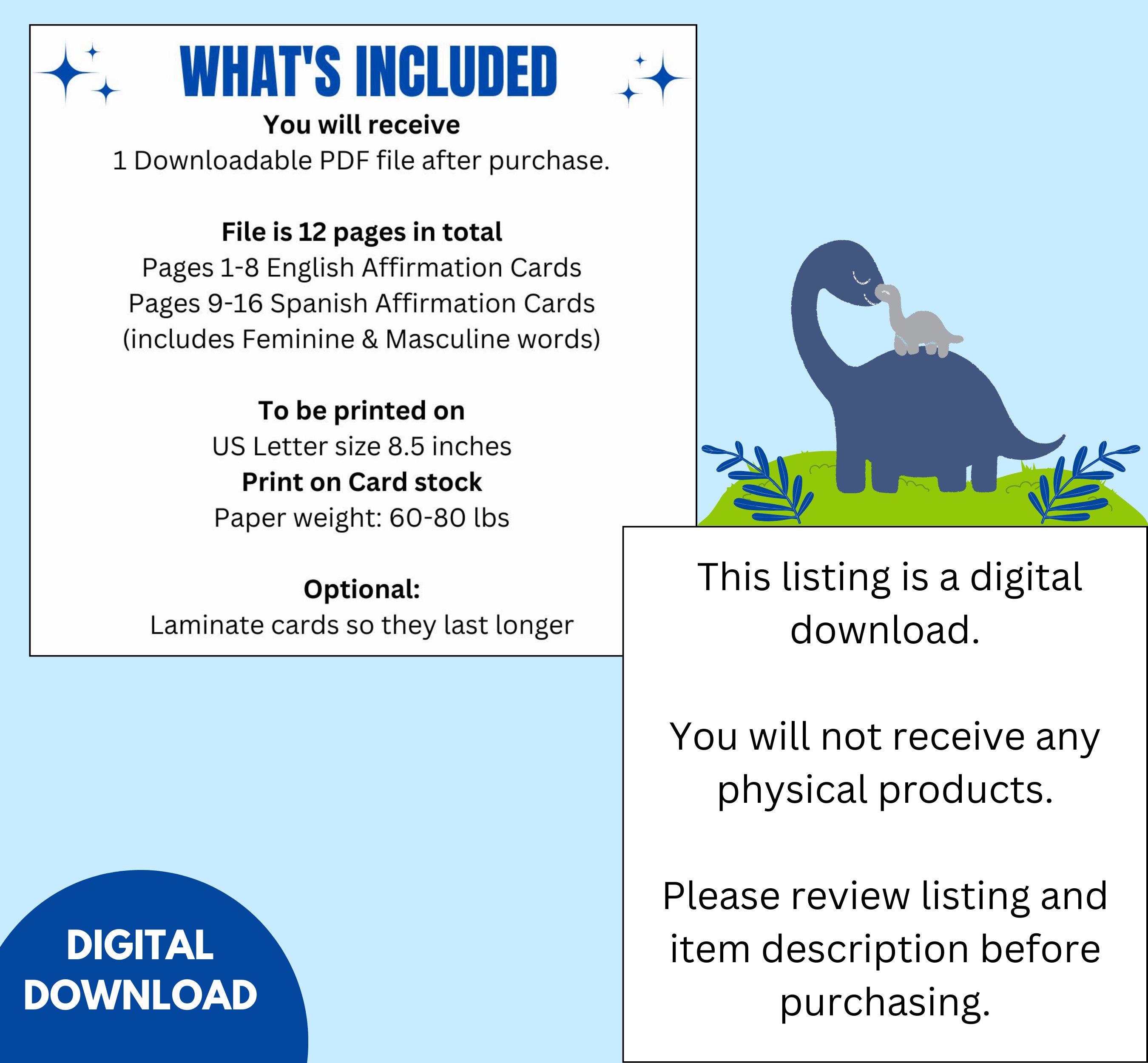 Dinosaur Affirmation Cards for Kids, Bilingual Affirmation Cards ...