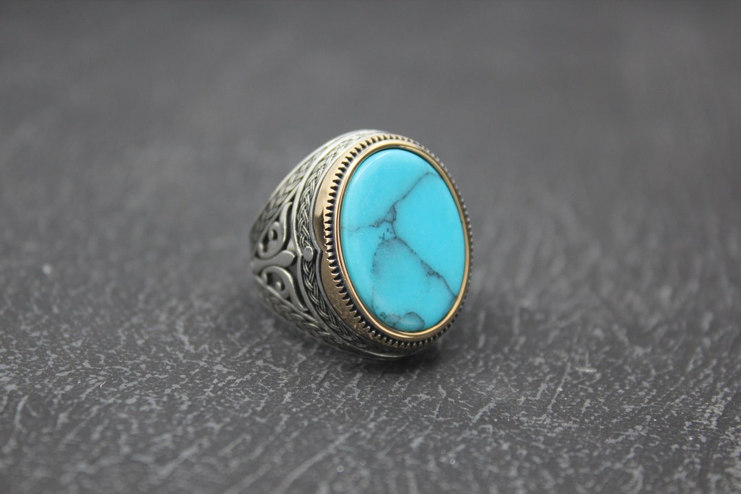 Turkish Turquoise Oval Flat Stone Solid 925 Sterling Silver Men's Ring ...