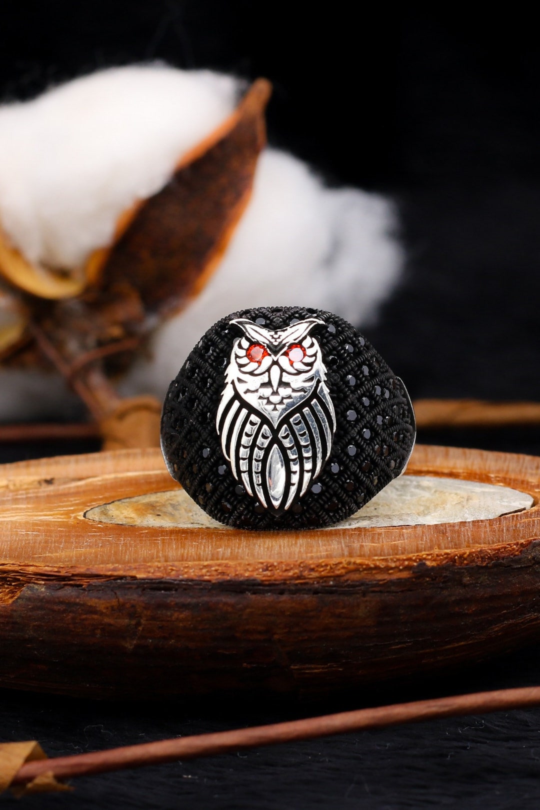 Owl Bird Figure Black Micro Zircons Solid 925 Sterling Silver Men's ...